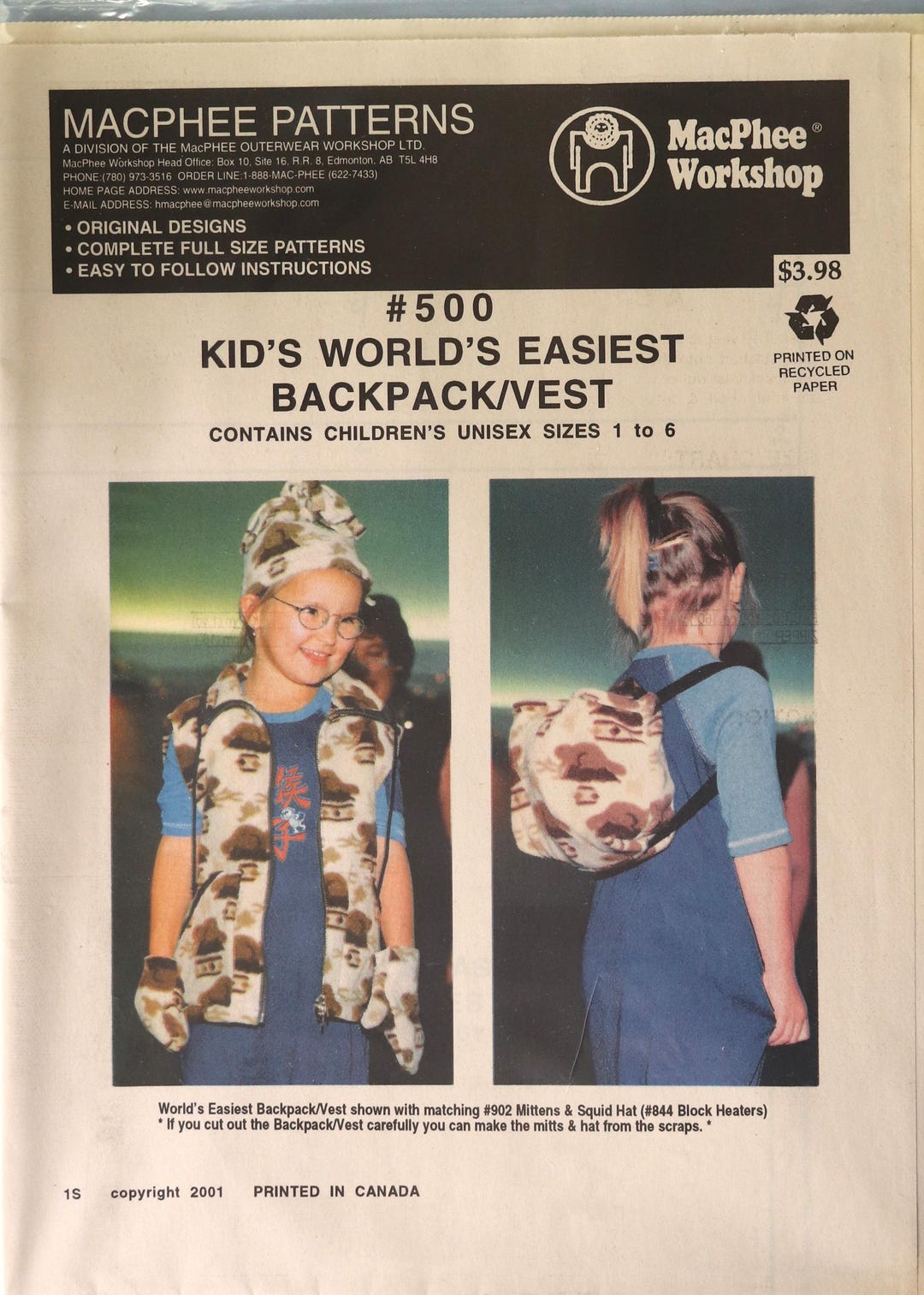 Macphee 500 Pattern. Child's Vest Pattern. Kid's World's Easiest Backpack/vest Pattern. Uncut - Etsy