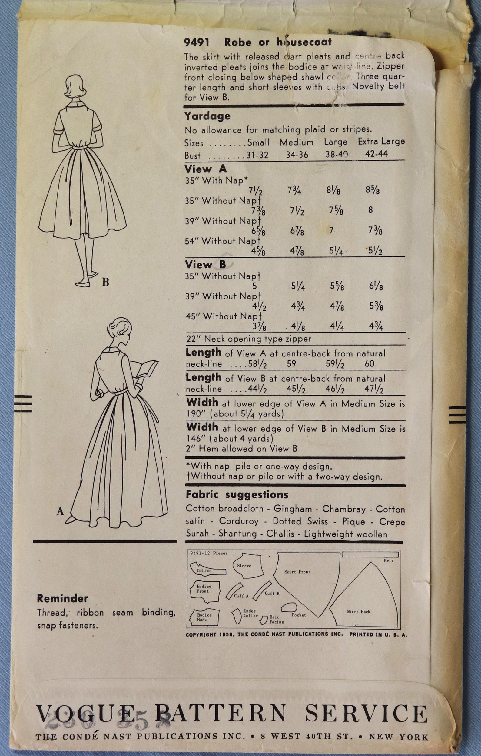 Vogue 9491. Vintage 1950's Robe or House Coat Pattern. 1950's Shirt ...