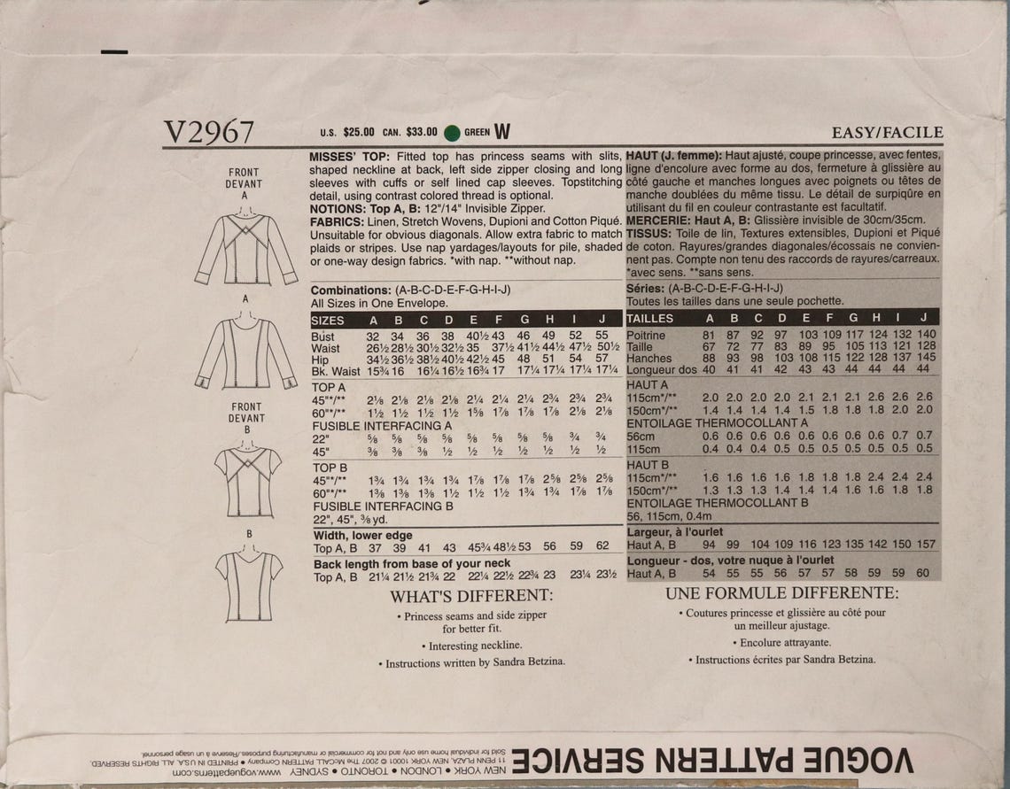Vogue 2967. Sandra Betzina Tops Pattern. Fitted Top With Seam Details ...