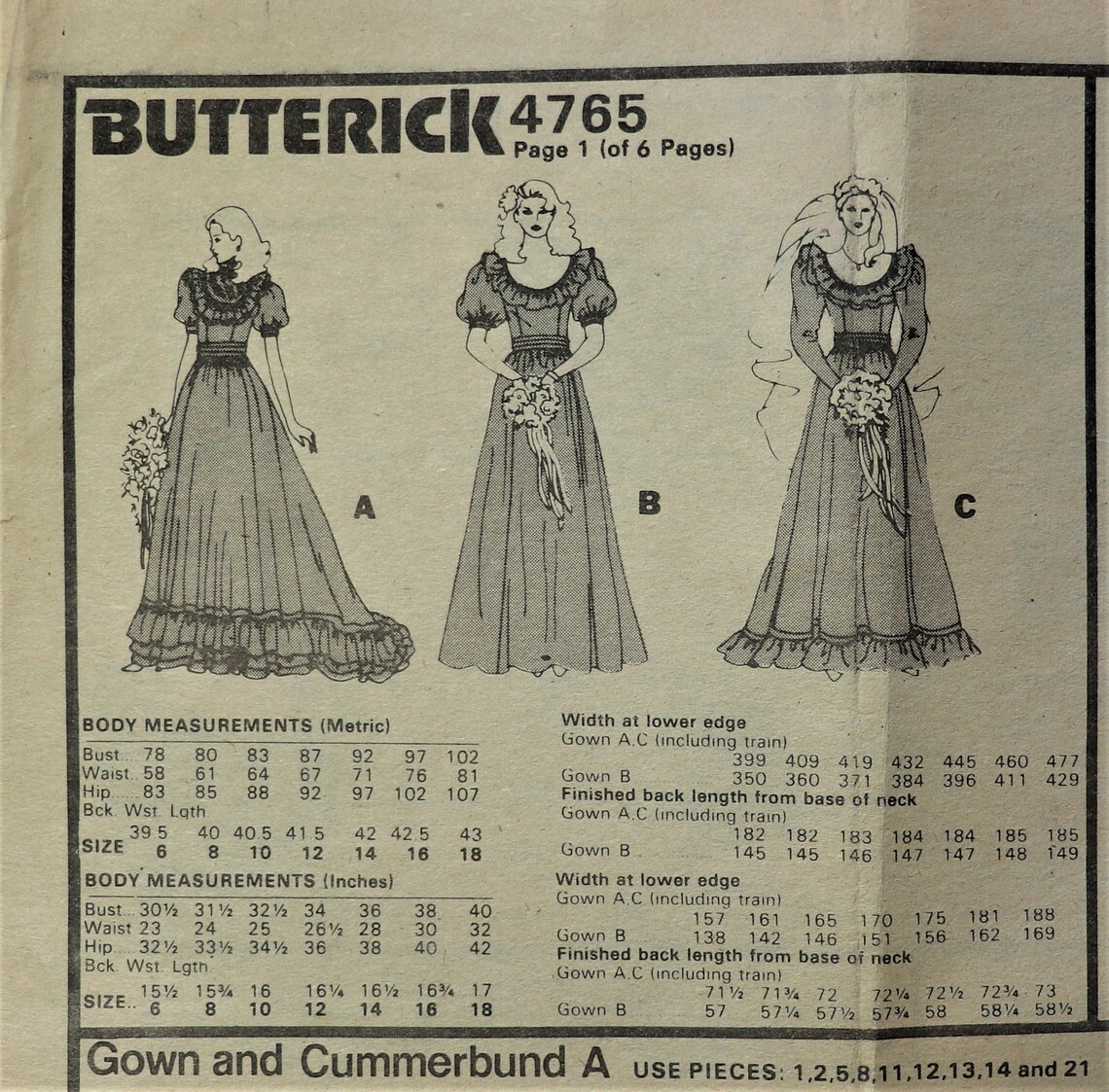 Butterick 4765. Bridal Gown Pattern. Vintage 1980's Bridal Gown Pattern ...