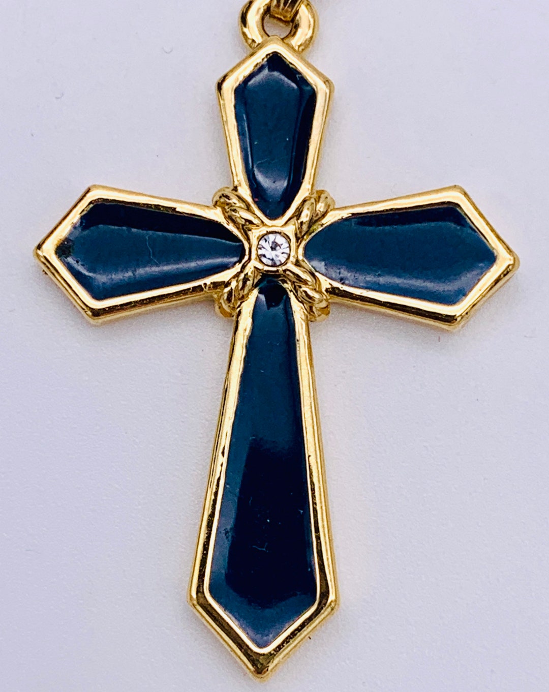 Vintage Dark Blue Enamel Cross With Rhinestone Sparkler and Goldtone ...