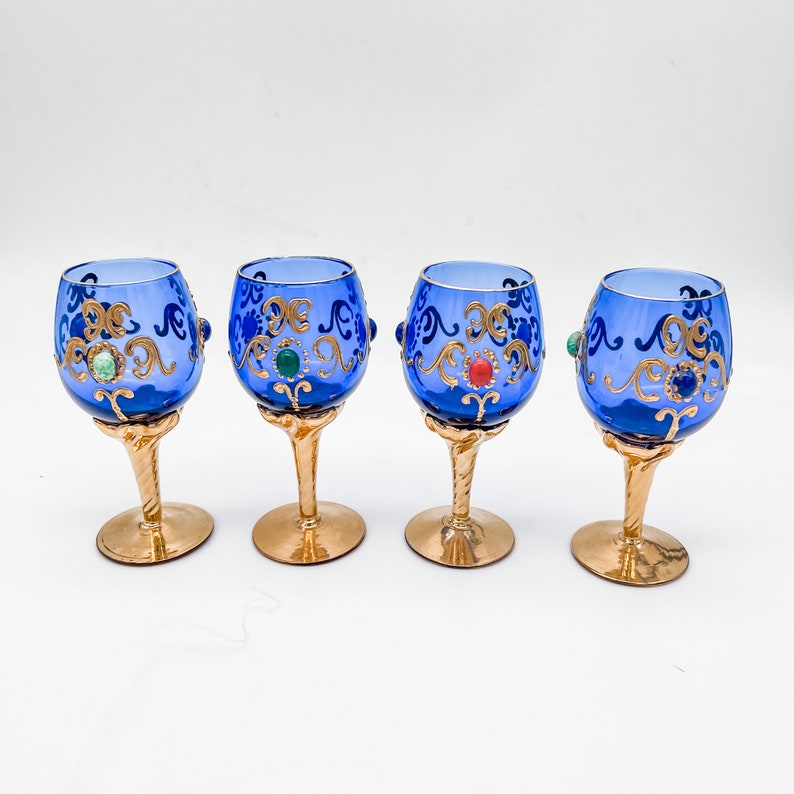 Italian Florentine Cordial or Sherry Glasses/blue Glass W/colored Stone ...