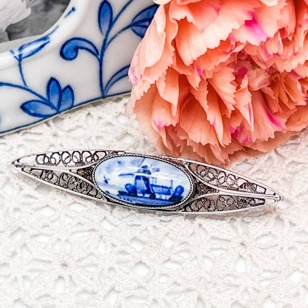 1950s Silver Filigree Delft Windmill Brooch - Etsy