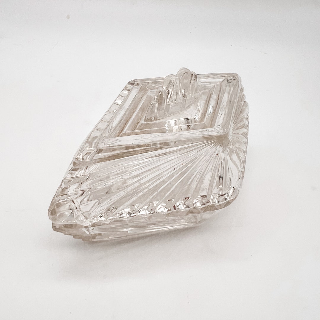1950s Art Deco Style Diamond-shaped Ribbed Glass Lidded Trinket Dish ...
