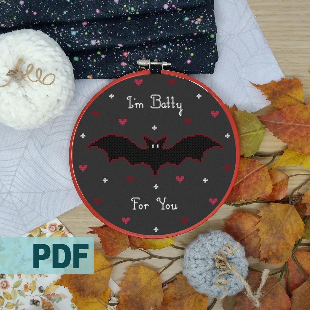 Valentine's Bat Cross Stitch Pattern Batty for You, Witchy Cross Stitch ...