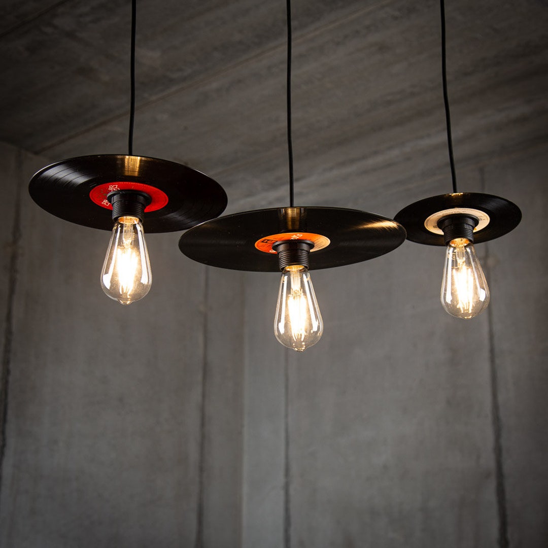 Retro Vinyl Record Lamp Pendant Set of 3 - Black (7", 10", 12" Sizes ...