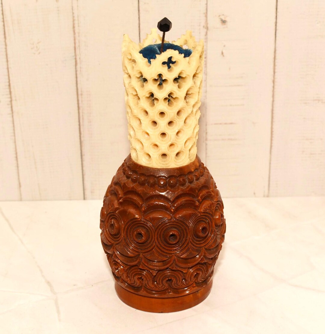 Victorian Carved Bovine Bone & Coquilla Nut Hat Pin Etui With Velvet ...