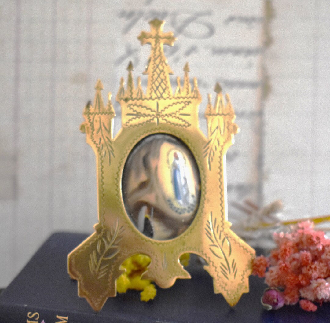 Antique Chapel Lourdes Icon - Stunning Brass and Ceramic Painted Framed ...