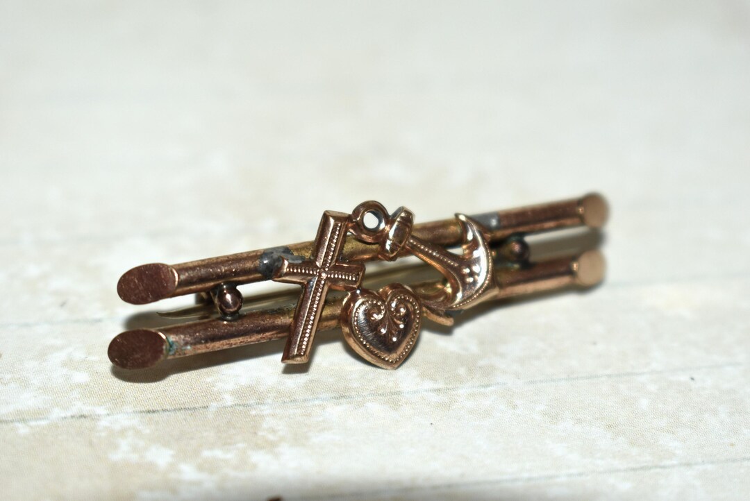 Antique Gold Faith Hope Charity Brooch: Victorian Etched Heart Cross ...