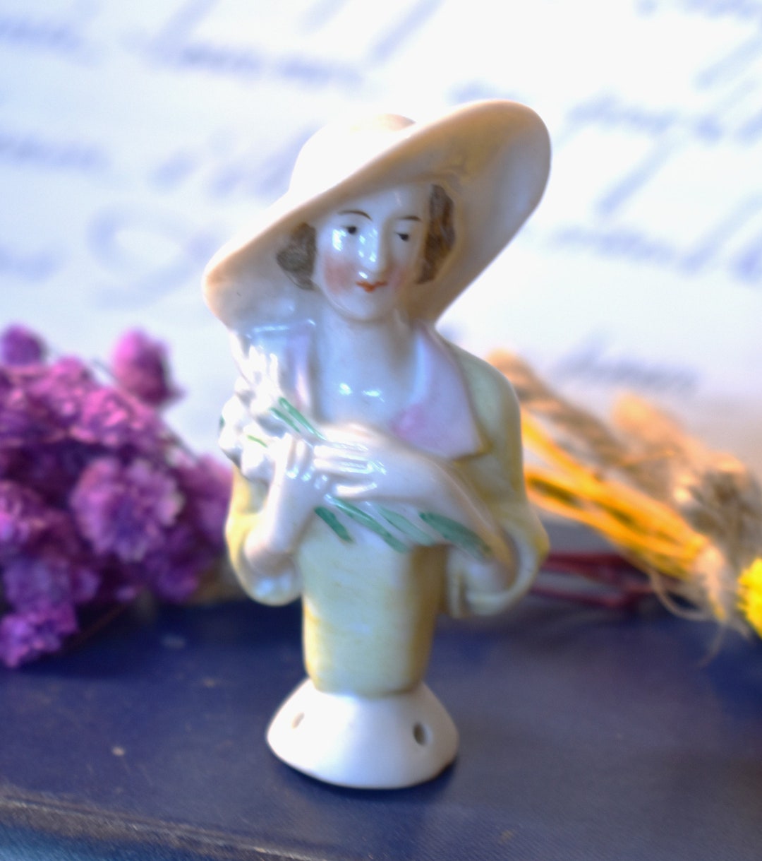 Antique Porcelain Half Doll Gorgeous Lady With Flower Posy and Bonnet ...