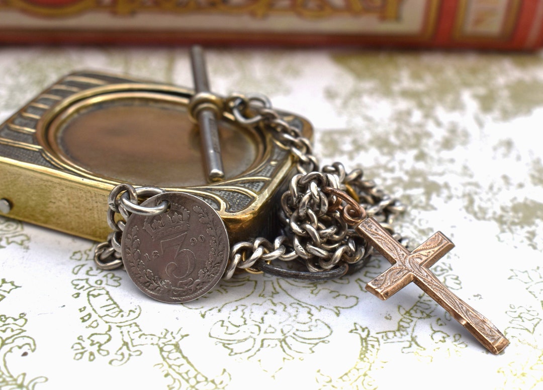 Solid Silver Watch Chain - Gorgeous Antique With Unusual Brass Picture ...