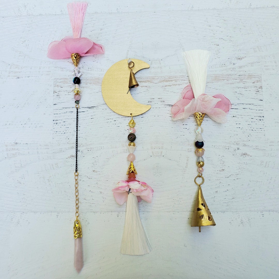 Love Ritual Bell Pendulum Set: Rose Quartz, Gold Moon Wall Charm, Witch ...