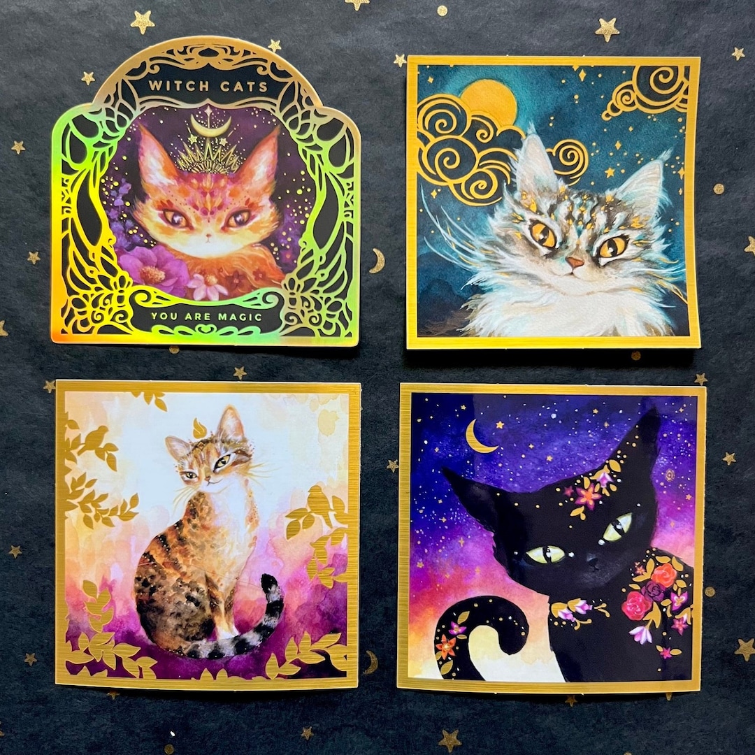 Witch Cats Stickers - Set of 4, Gold Foil, Holographic Gold - Etsy