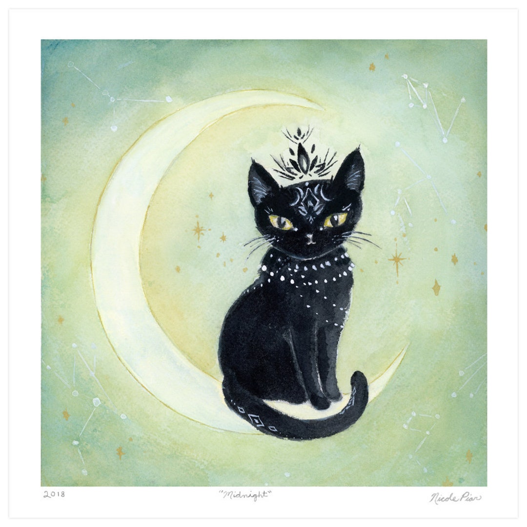 Midnight Cat - Archival Fine Art Print, Signed, Black Kitty on Crescent ...