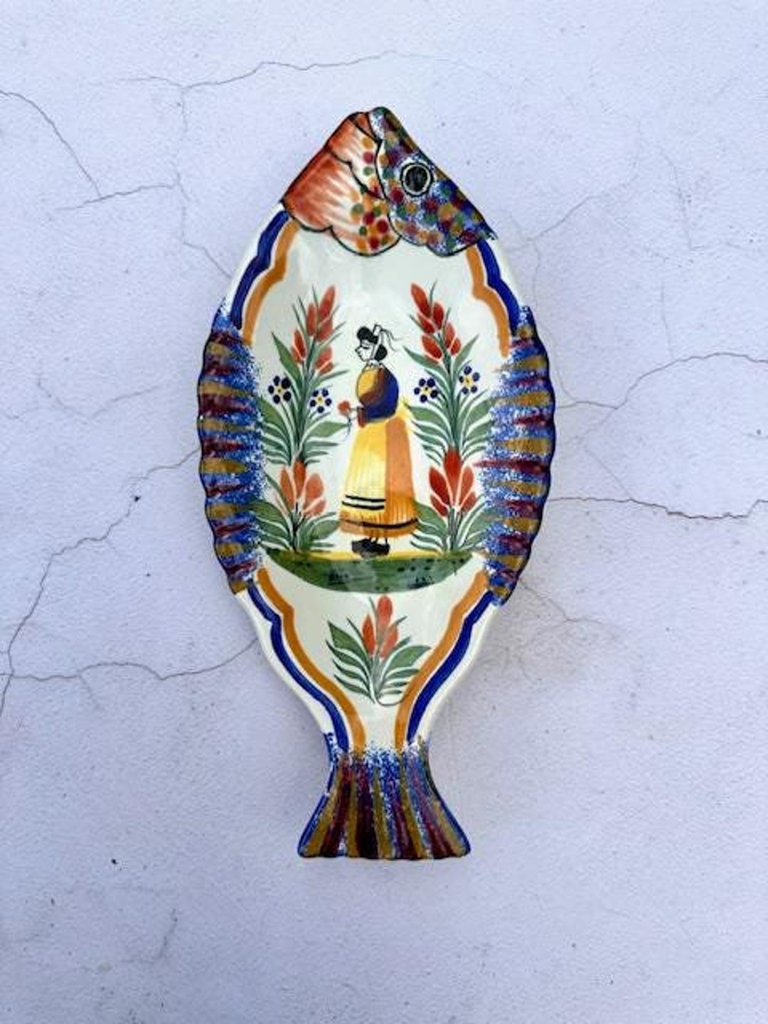 Vintage Henriot Quimper Pottery Fish Shape Lady Plate, Ceramic Fish ...