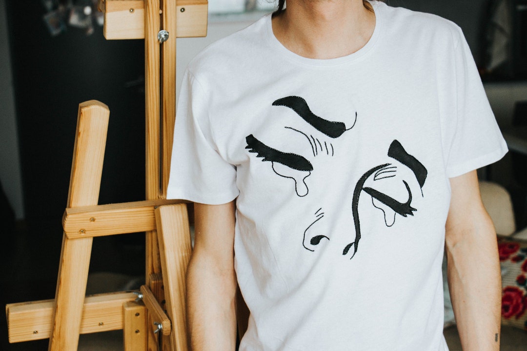 Hand Embroidered POP ART T-shirt With Sad Crying Woman Face. Perfect ...