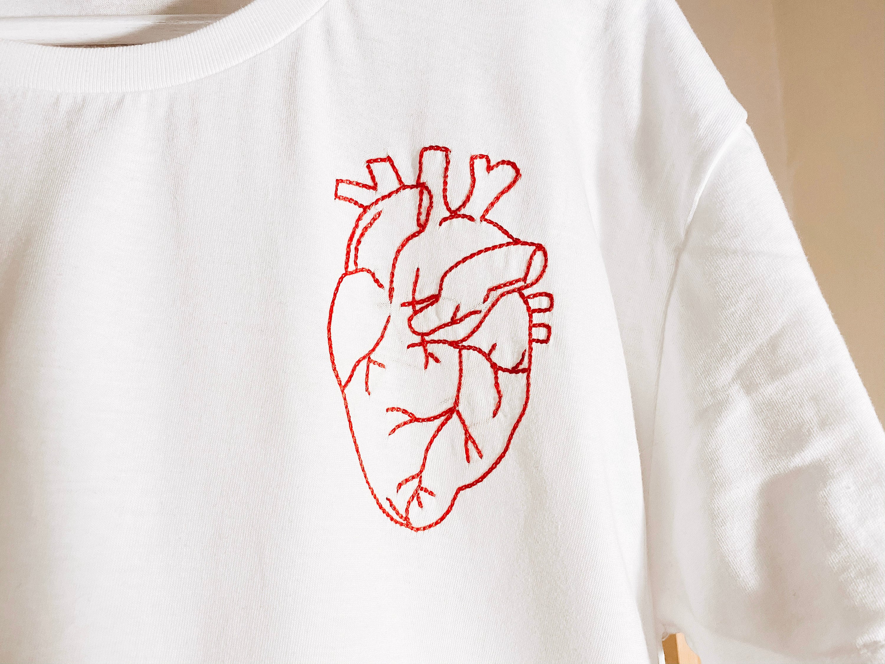 Hand Embroidered Whitet-shirt With Red Anatomical Heart. Embroidered ...