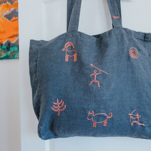 Hand Embroidered LINEN Tote Bag With Cave Neanderthal Prehistoric Art ...