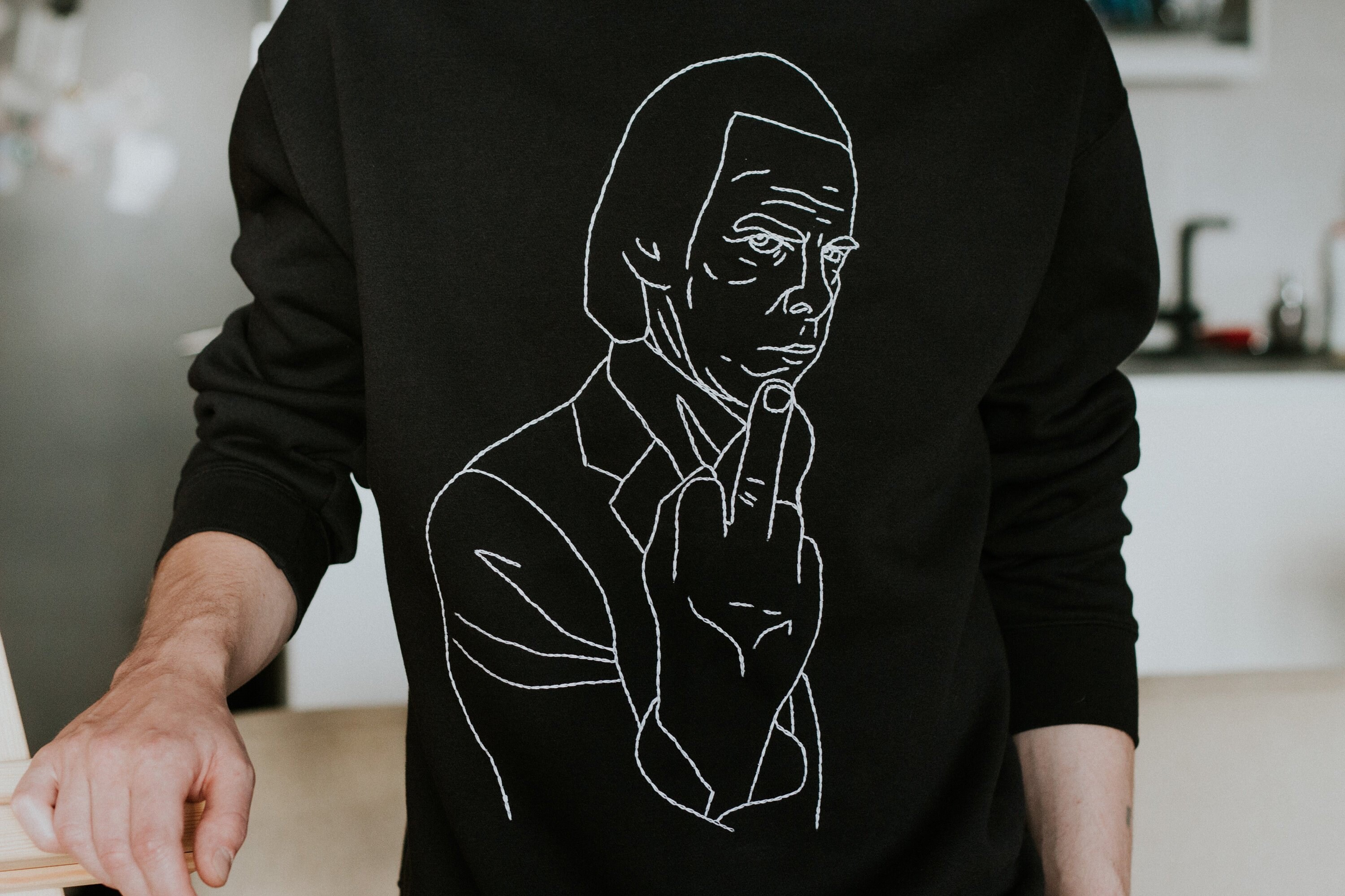 Hand Embroidered Sweatshirt With Nick Cave Showing Middle Finger ...