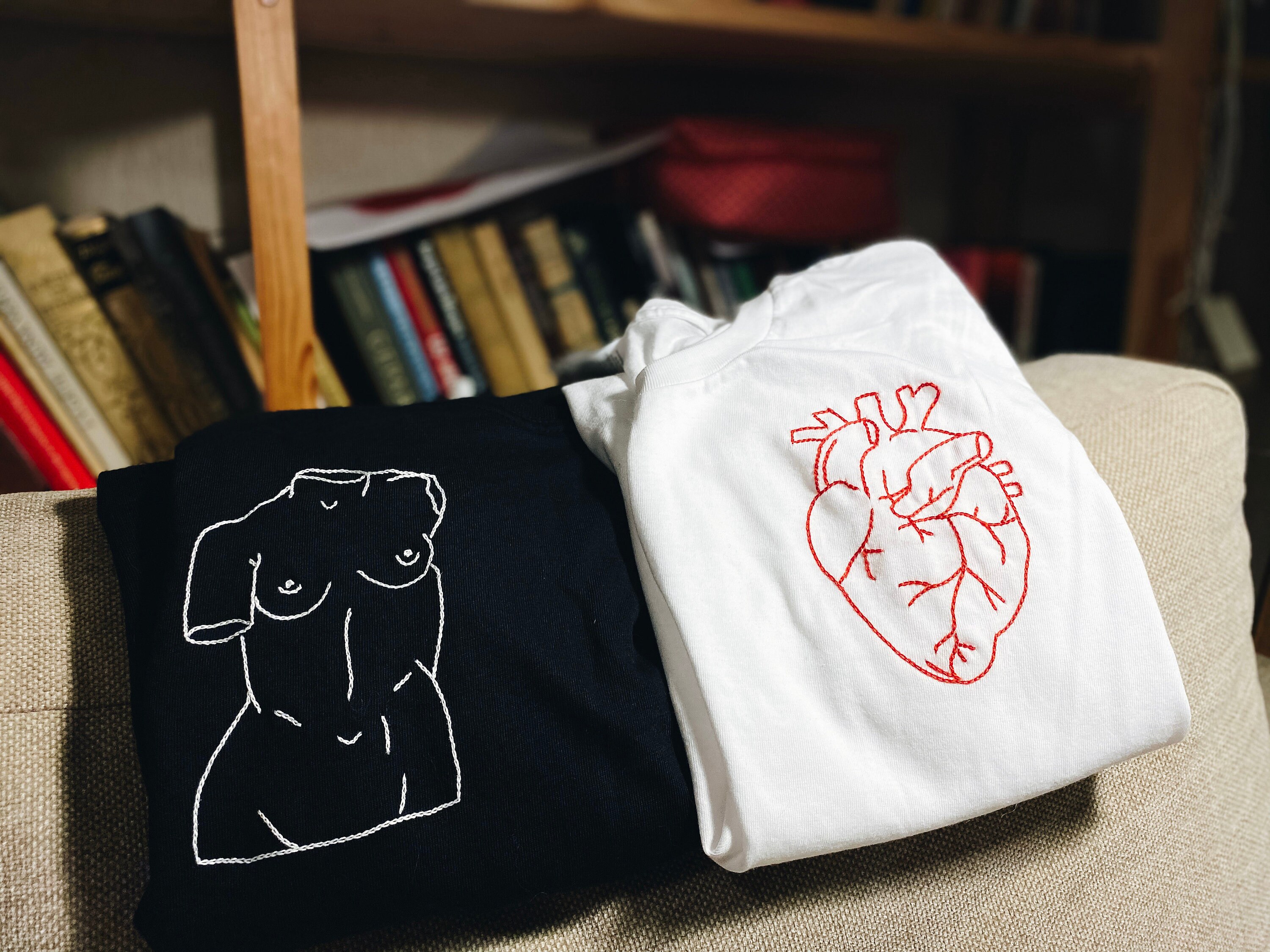 Hand Embroidered Whitet-shirt With Red Anatomical Heart. Embroidered ...