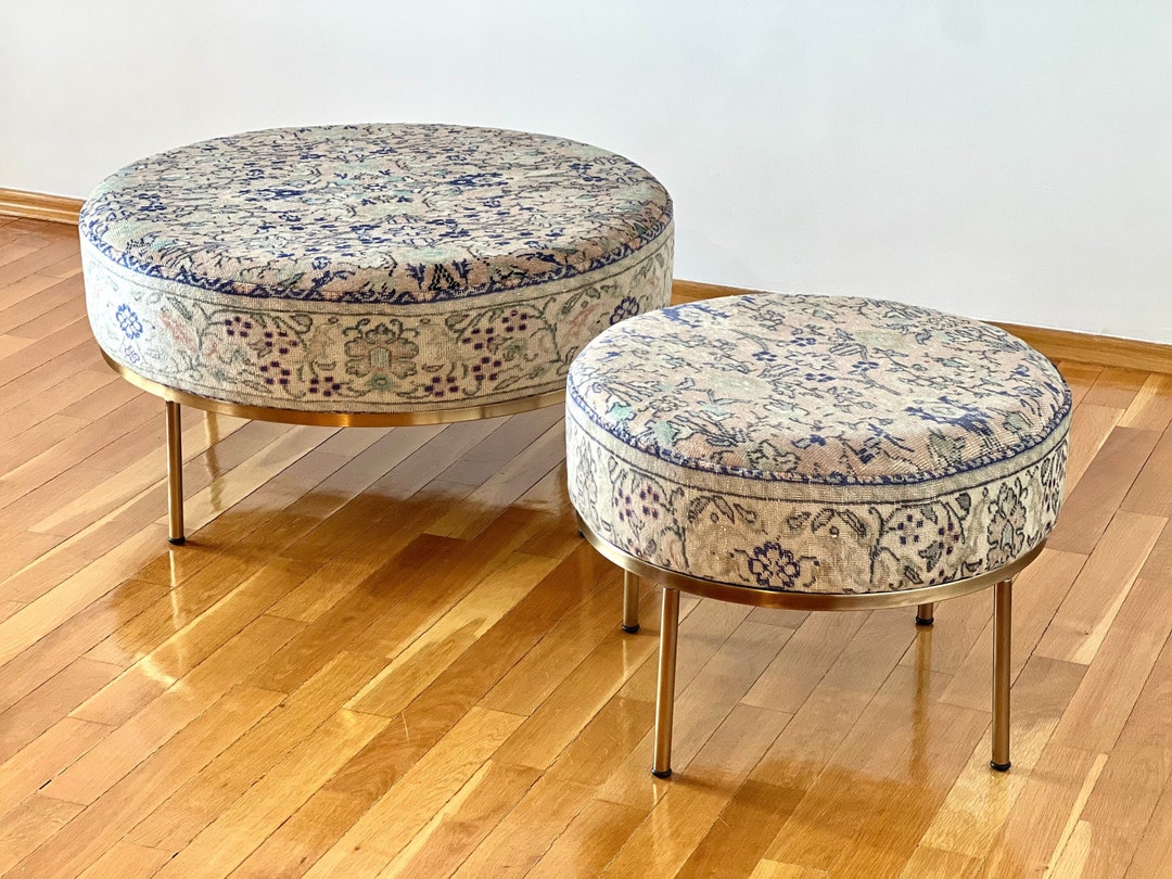 Round Coffee Table, Vintage Kilim Bench Pouffe , Ottoman Bench, Living ...