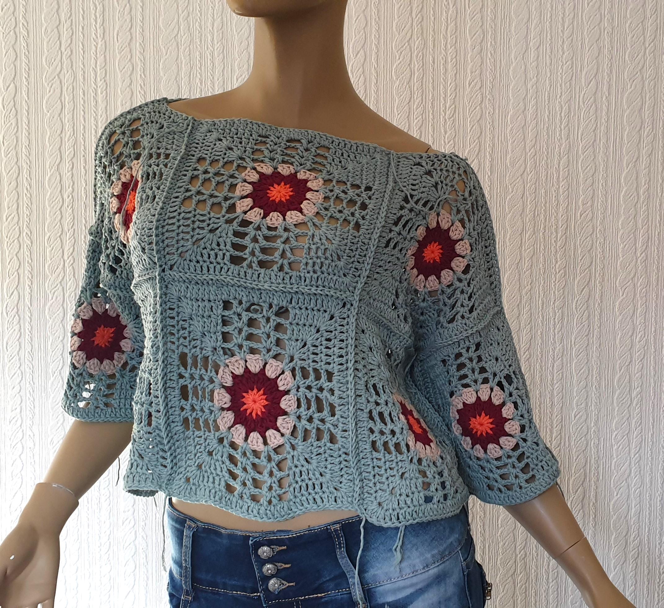 Sunburst Granny Square Top Crochet Pattern, Floral Motif Sweater ...