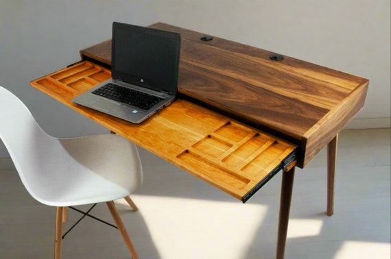 The Roland Mid century Modern Black Walnut Office Desk with Carved Keyboard Shelf Etsy