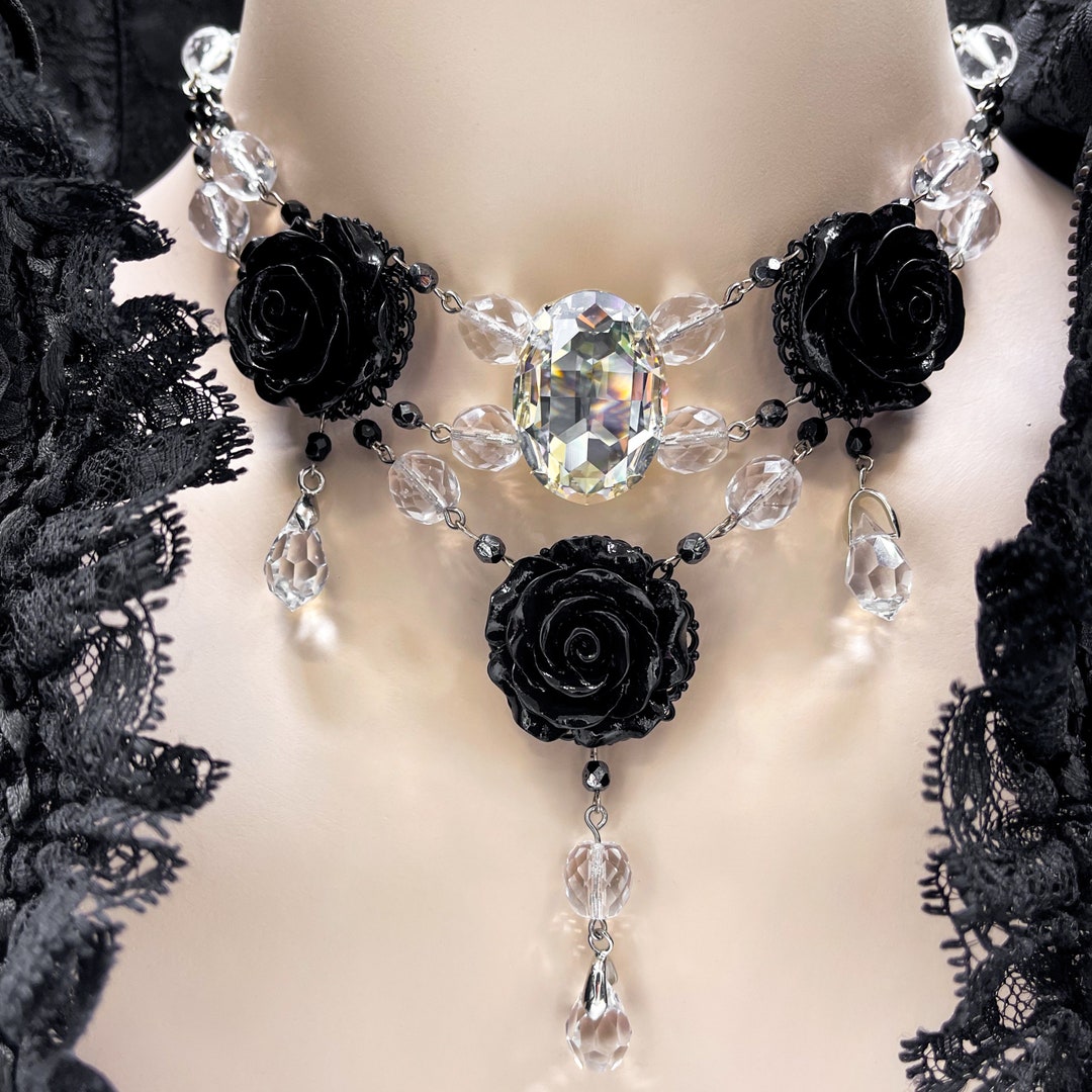 Gothic Rose Necklace for Wedding, Bright Crystal Gothic Jewelry, Black ...