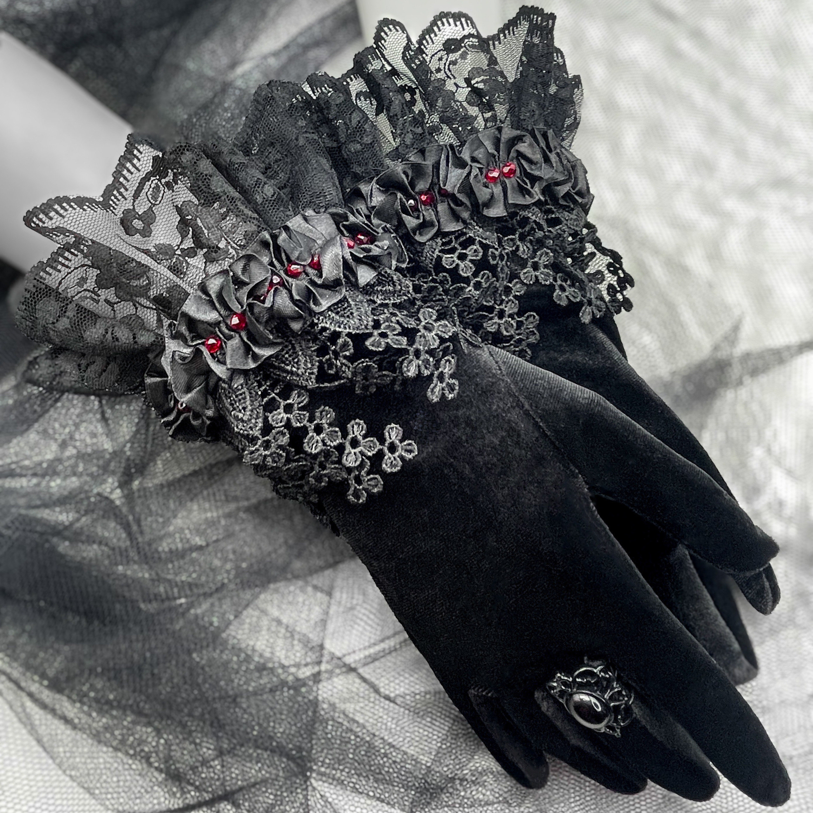 Black Velvet Gothic Victorian Short Gloves With Lace Accents, Goth ...