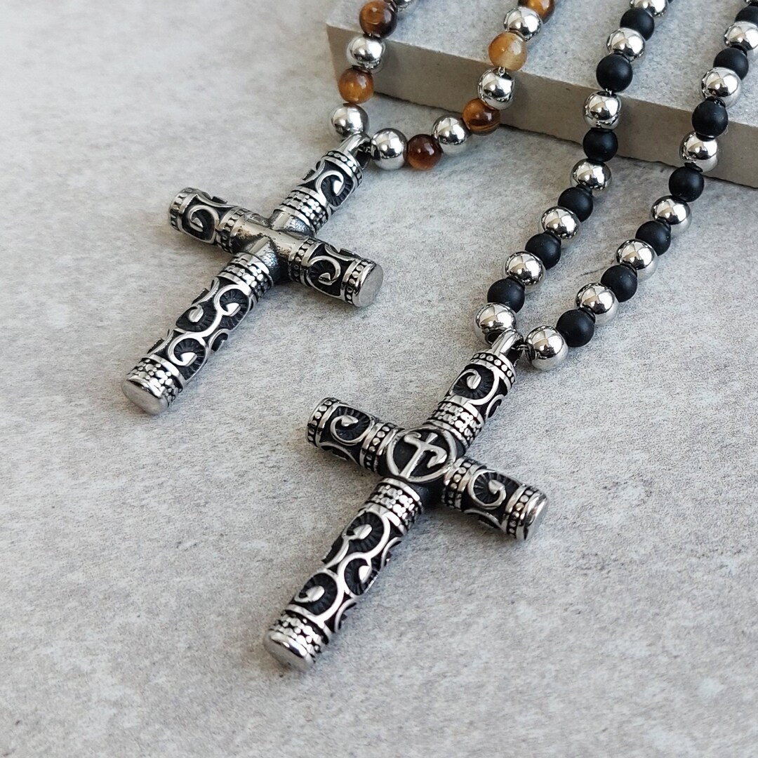 Men’s Cross Necklace | Tribal Crucifix Pendant | Tiger Eye or Black ...