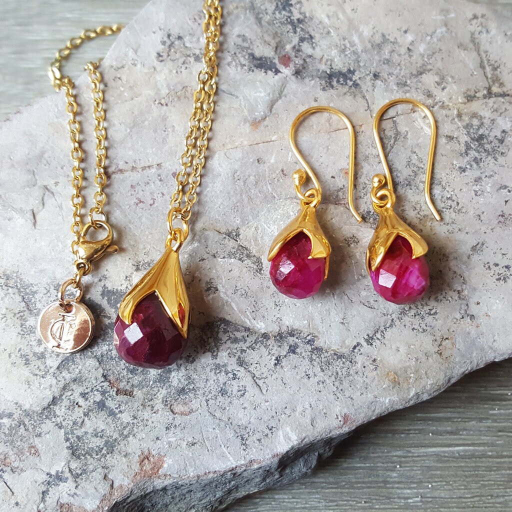 Ruby Jewellery Set. Gold Ruby Necklace and Earrings. Ruby | Etsy