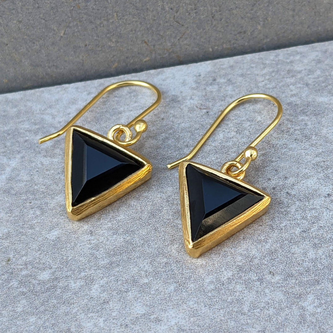 Black Onyx Triangle Dangle Earrings | Gold & Silver | Protection ...