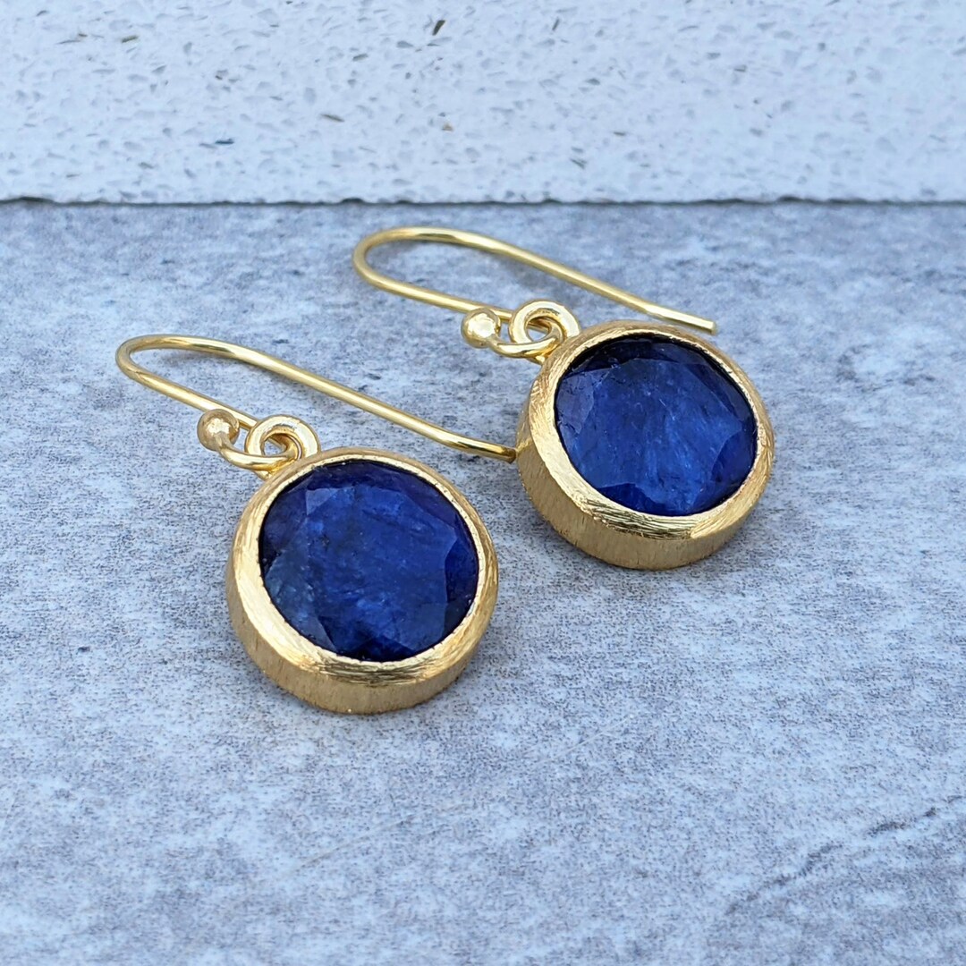 Blue Sapphire Drop Earrings. Dangle Gold Earrings for Women. Silver ...
