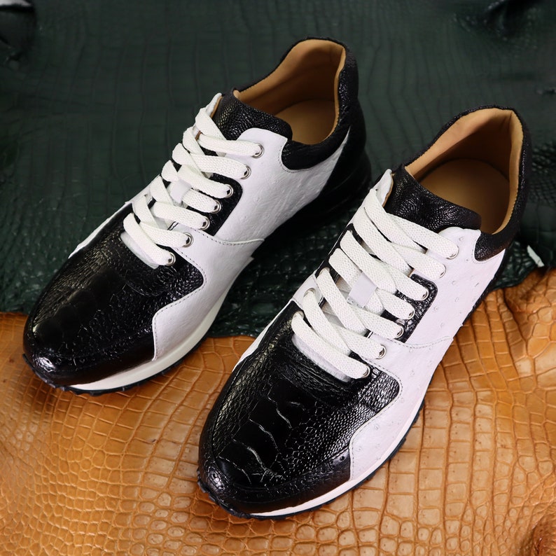 Genuine Ostrich Leather Men's Shoes White Black Ostrich Men Shoes Size ...