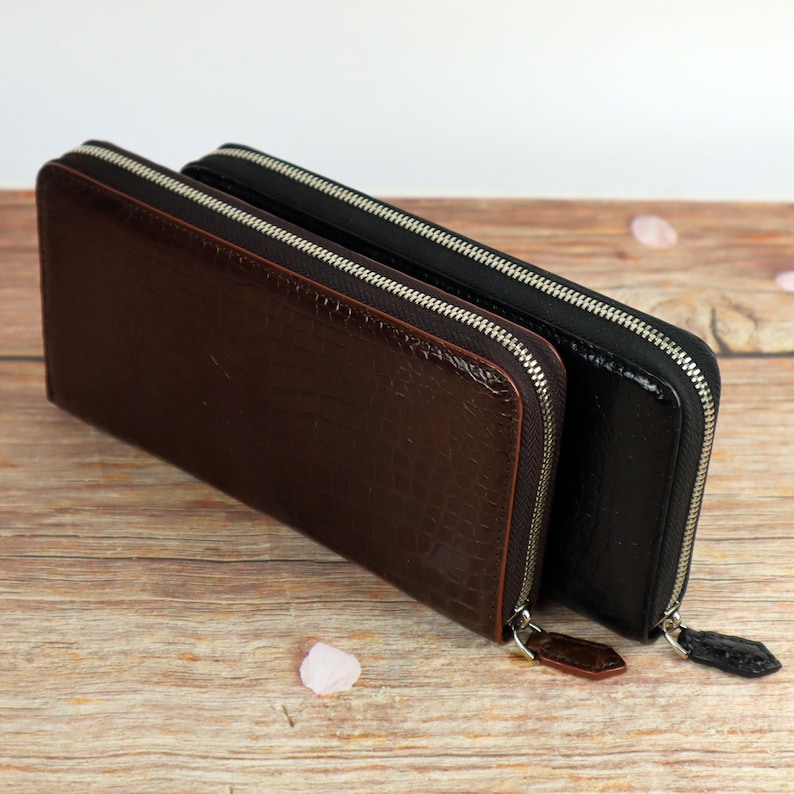 Handcrafted Mens Leather Zipper Long Wallet Business Alligator Zip ...