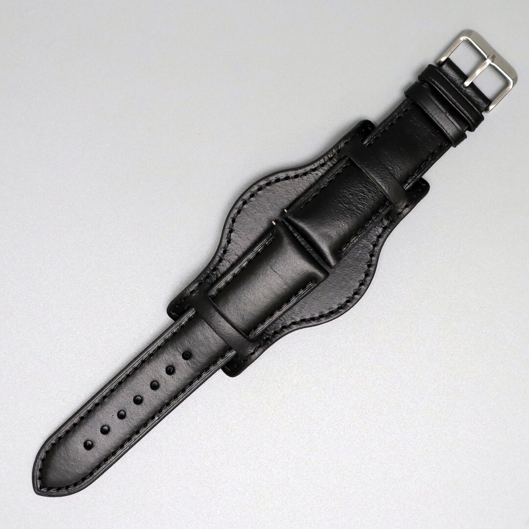Bund Strap Leather Wide Cuff Watch Band, Bund Watch Band, Genuine Black ...