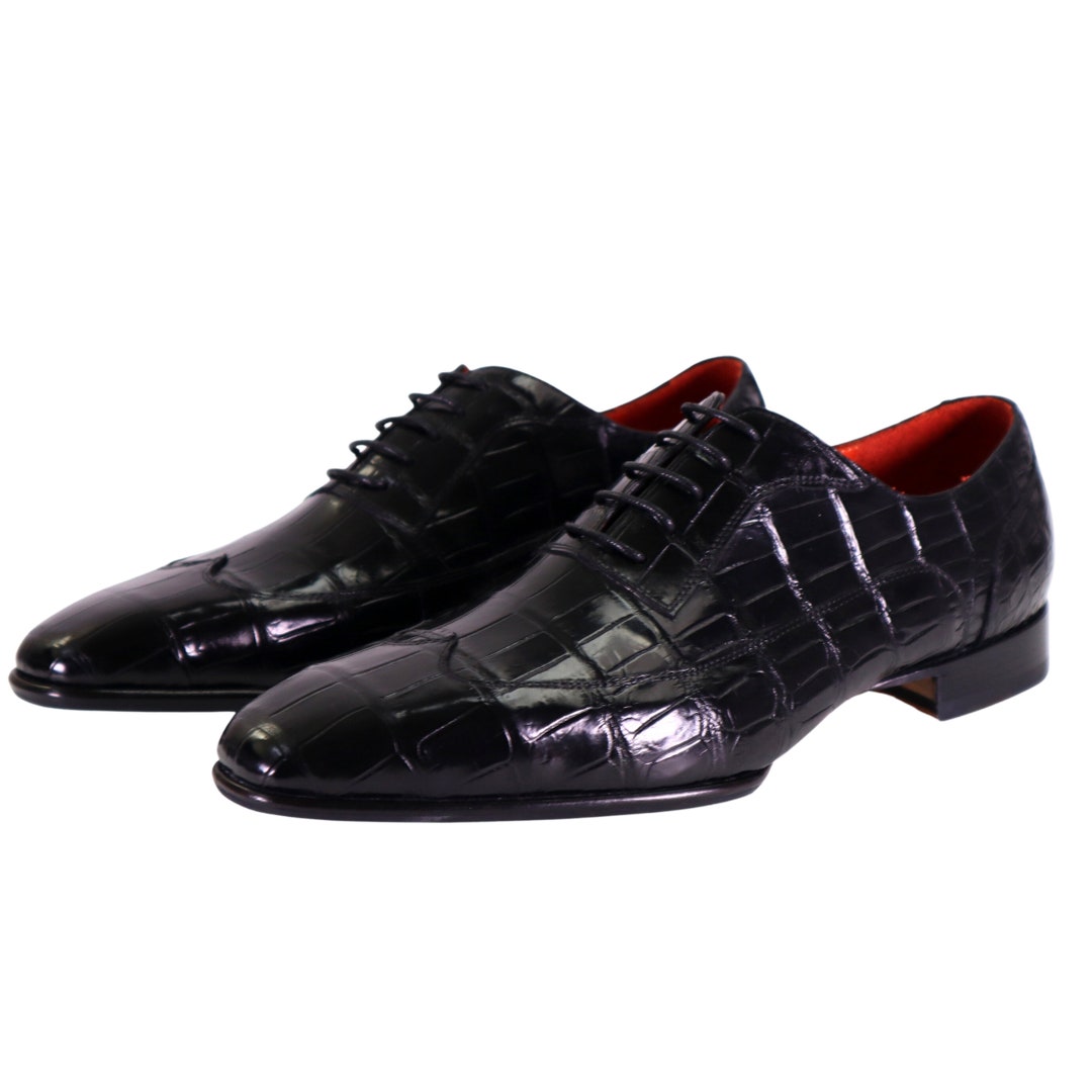 Genuine Leather Mens Wingtip Dress Shoes Comfortable Formal Business Shoes Black Alligator
