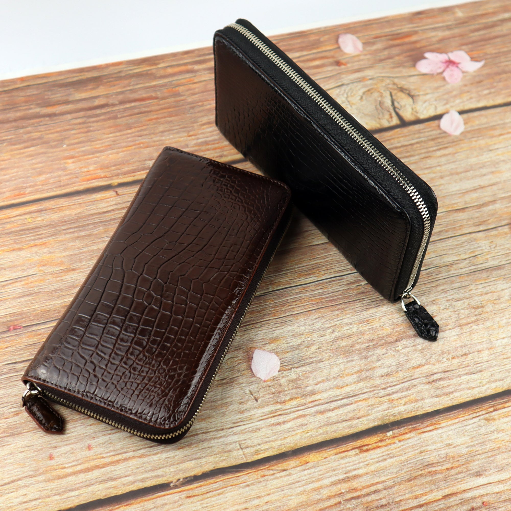 Handcrafted Mens Leather Zipper Long Wallet Business Alligator Zip ...