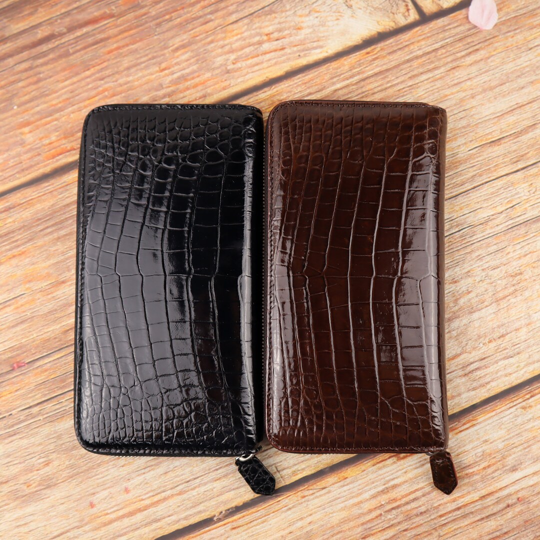 Handcrafted Mens Leather Zipper Long Wallet Business Alligator Zip ...