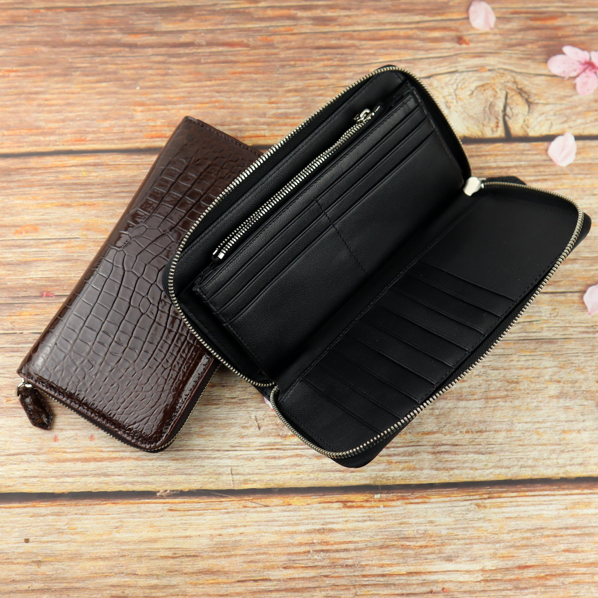 Handcrafted Mens Leather Zipper Long Wallet Business Alligator Zip ...