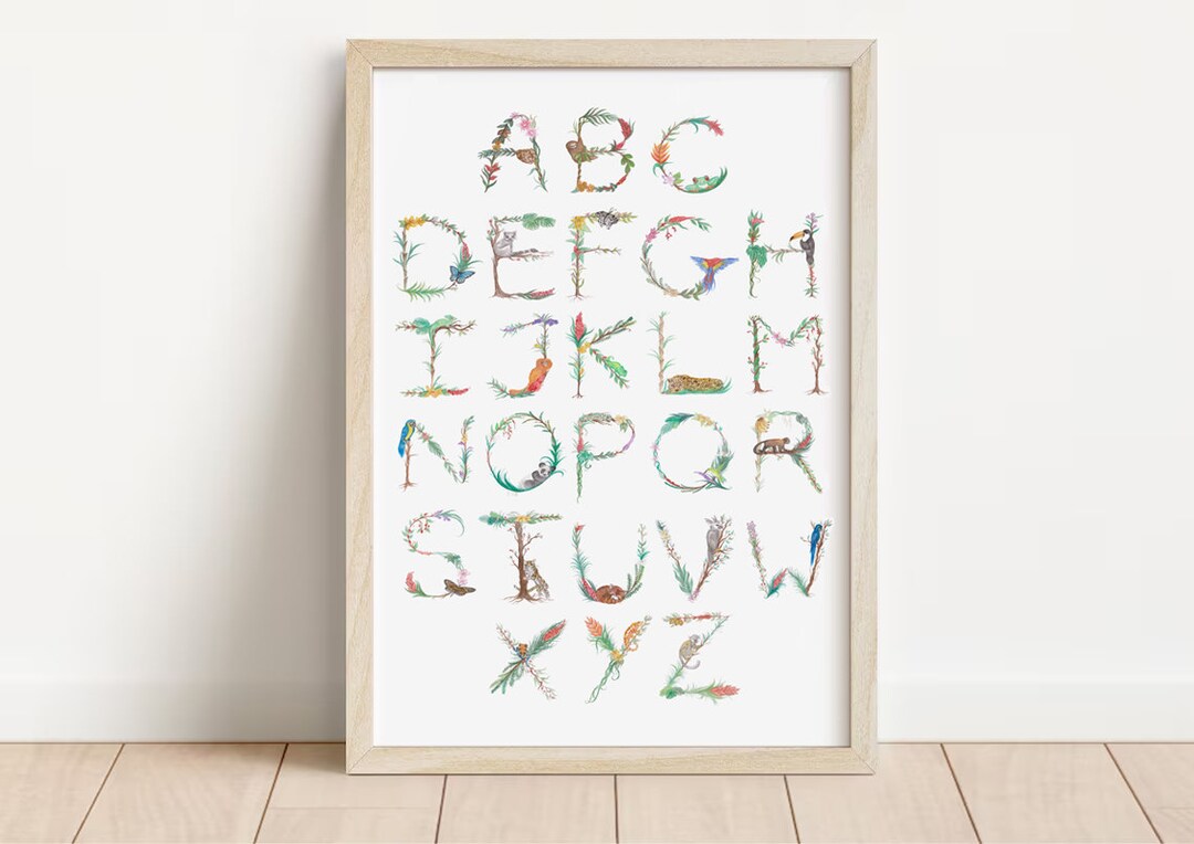 Rainforest Animal Alphabet Poster Watercolour Wall Art ABC Nature ...