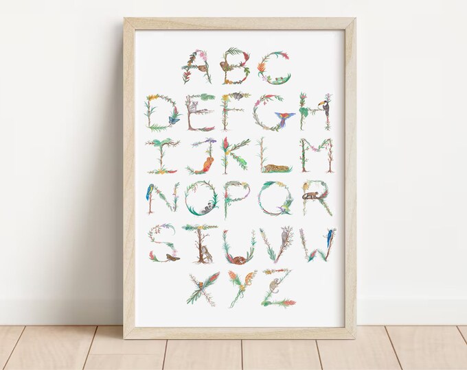 Rainforest Animal Alphabet Poster Watercolour Wall Art ABC Nature ...
