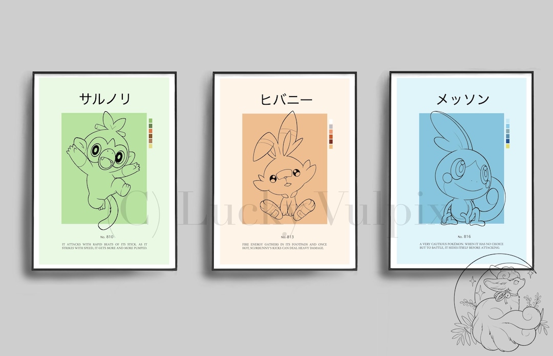 Pokemon Starter Galar Grookey Scorbunny Sobble Pokedex Modern Poster ...