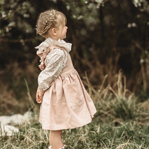 Linen Pinafore Dress With Ruffle Straps, Pink Linen Apron Dress, Pink Flower Girl Dress, Linen ...