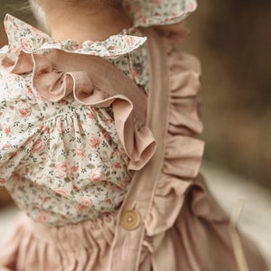Linen Pinafore Dress With Ruffle Straps, Pink Linen Apron Dress, Pink Flower Girl Dress, Linen ...