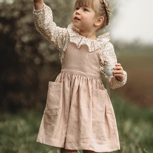 Linen Pinafore Dress With Ruffle Straps, Pink Linen Apron Dress, Pink Flower Girl Dress, Linen ...