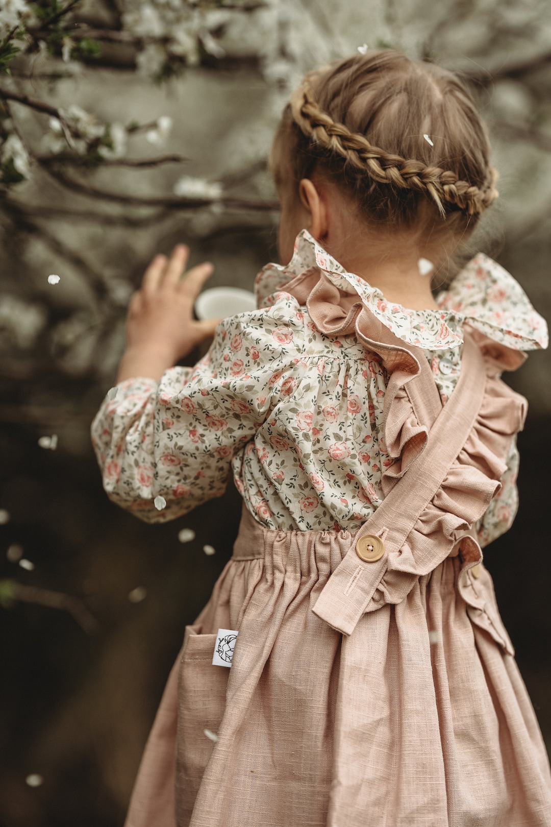 Linen Pinafore Dress With Ruffle Straps, Pink Linen Apron Dress, Pink Flower Girl Dress, Linen ...