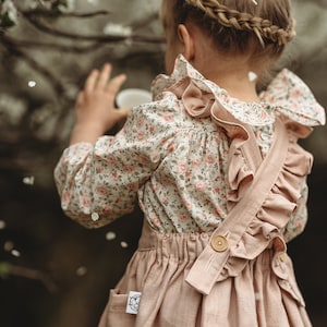 Linen Pinafore Dress With Ruffle Straps, Pink Linen Apron Dress, Pink Flower Girl Dress, Linen ...