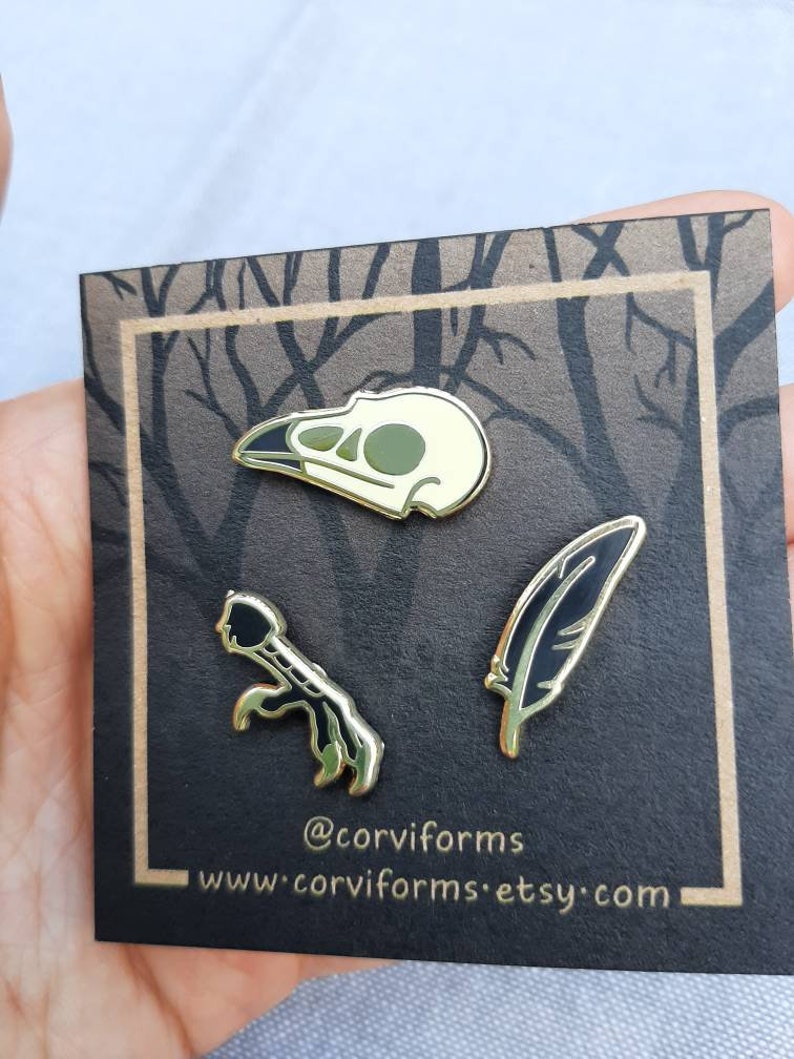 Crow Parts Minipin Set of 3 Black Variant Skull Feather | Etsy