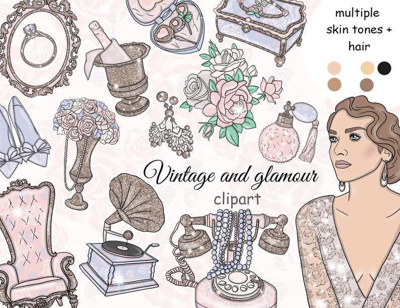 Vintage clipart glamour clipart beautiful girl clip Fashion | Etsy